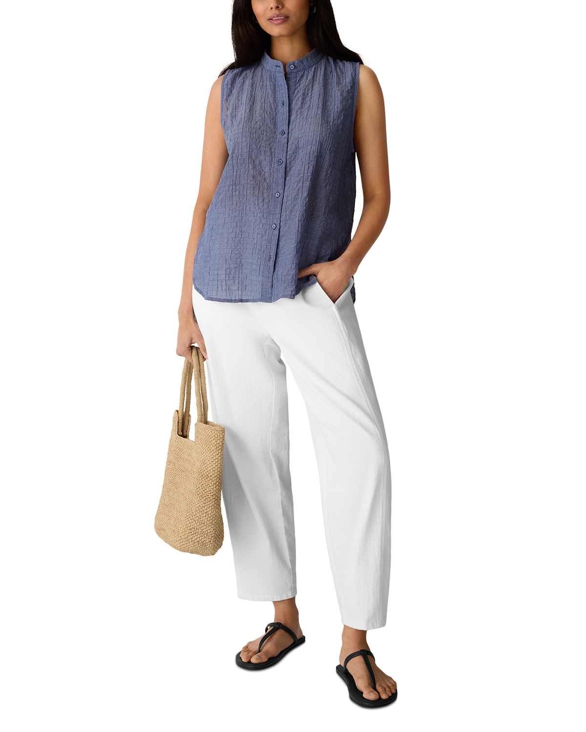 EILEEN FISHER Eileen Fisher Cotton Microstripe Pucker Sleeveless Shirt